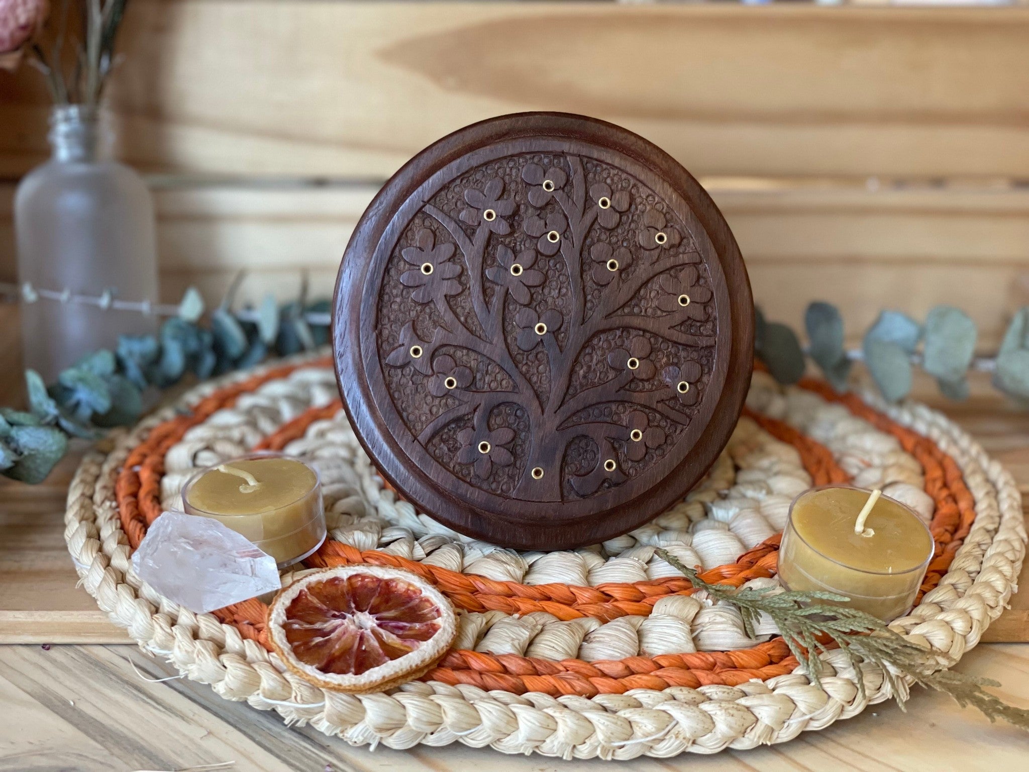 Tree of Life Circular Wood Incense Burner – Golden Poppy Herbal Apothecary